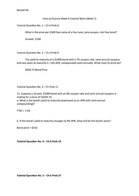 Intro To Finance Week 6 Tutorial Work Week 7 Ronald He Intro To Finance Week 6 Tutorial Work