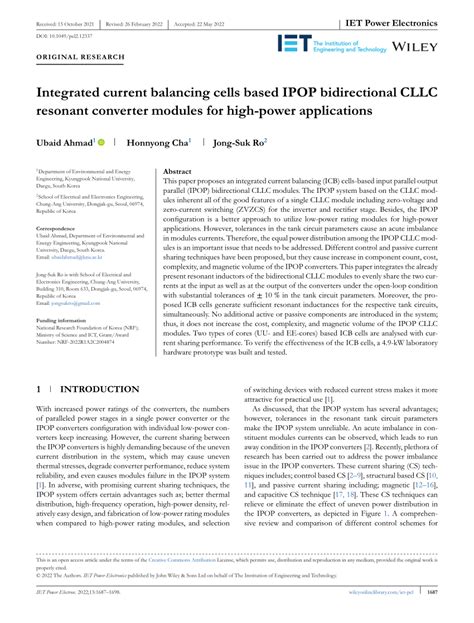 Pdf Integrated Current Balancing Cells Based Ipop Bidirectional Cllc Resonant Converter