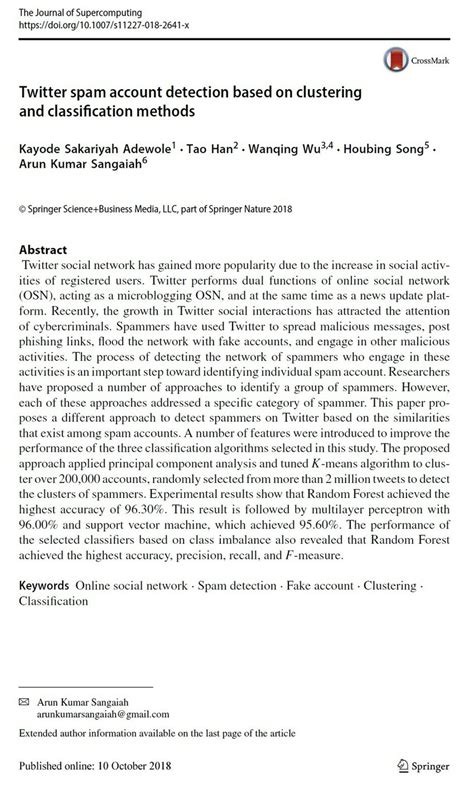 Pdf Twitter Spam Account Detection Based On Clustering And Classification Methods