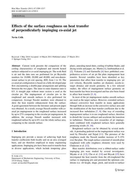 Pdf Effects Of The Surface Roughness On Heat Transfer Of Perpendicularly Impinging Co Axial Jet