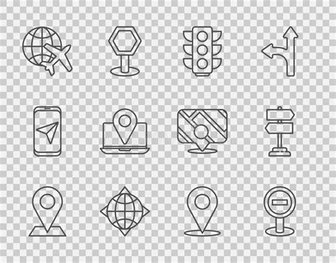 Set Line Location Stop Sign Traffic Light World Globe With Compass Globe Flying Plane