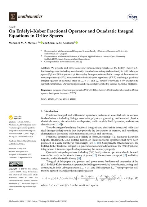 Pdf On Erdélyikober Fractional Operator And Quadratic Integral Equations In Orlicz Spaces