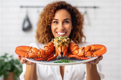 Premium Photo A Woman Holding A Plate Of Lobsters On A Plate With A