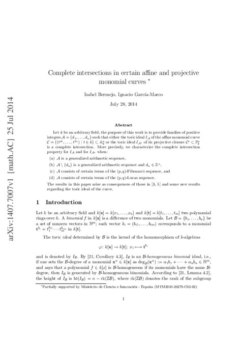 Pdf Complete Intersections In Certain Affine And Projective Monomial Curves