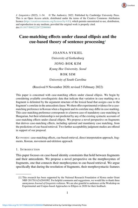 Pdf Case Matching Effects Under Clausal Ellipsis And The Cue Based Theory Of Sentence Processing