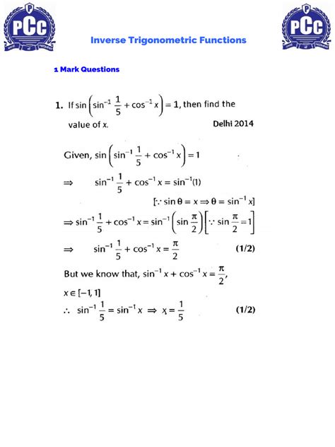 Mathematics Pyp Chapter Wise Relations And Functions 3 Inverse Trigonometric Functions Pdf