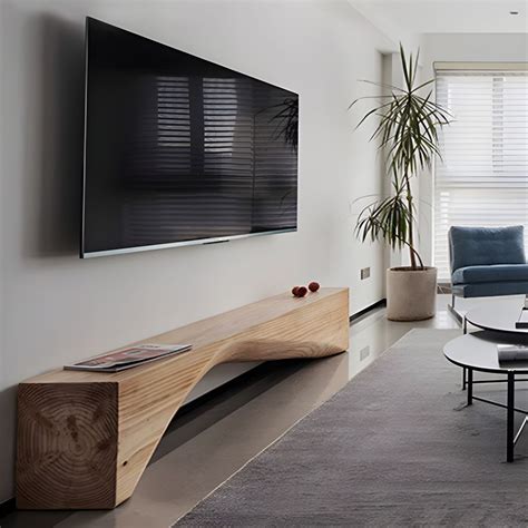 Natural Wood Tv Stand With Low Height And No Drawers Featuring Open