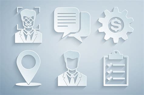 비즈니스 정장을 입은 남자의 사용자 달러 기호가 있는 기어 지도 핀 클립보드 체크리스트 채팅 및 얼굴 인식 아이콘을 설정합니다 벡터 3차원 형태에 대한 스톡 벡터 아트 및