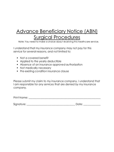 Fillable Online Advance Beneficiary Notice Abn Surgical Procedures
