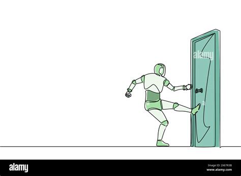 Continuous One Line Drawing Robots Standing Kicks Closed Door With His