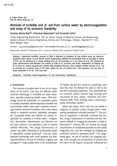 Pdf Removal Of Turbidity And E Coli From Surface Water By