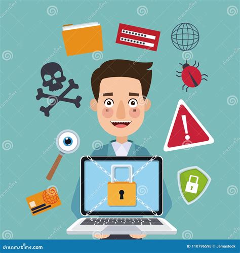 Blue Color Background Man Programmer Holding Laptop With Security Padlock With Chains Crossed