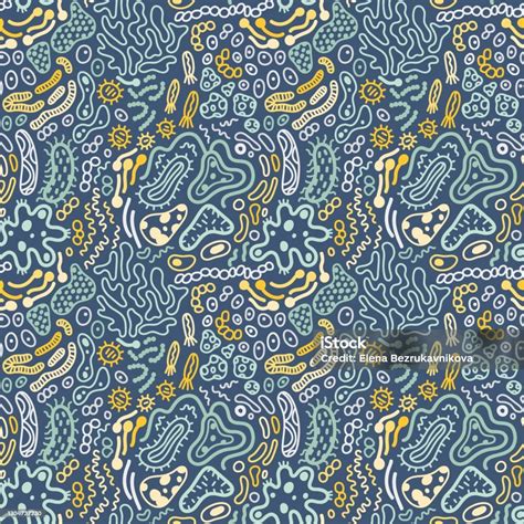 바이러스 박테리아 미생물 원활한 패턴 판타지 미생물 세균 곰팡이 세포 프로바이오틱 등의 벡터 배경 추상 낙서 그림입니다 패턴에 대한 스톡 벡터 아트 및 기타 이미지 Istock