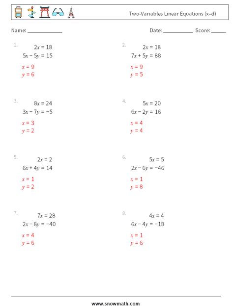 Two Variables Linear Equations X D Math Worksheets 4math Worksheets