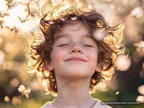 Ai创作图孩童 卷发 闭眼 微笑 阳光 花瓣 自然 户外 快乐 春日 美好 温馨 纯真 烂漫 光影 昵图网
