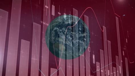 3d Earth Globe Rotating Displaying Translucent Bar Charts Candlesticks And Colored Line Graphs