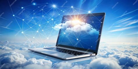 Cloud Computing Laptop Floating With Icon Network Connection On Blue Sky Background Premium Ai