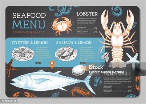 손으로 그리는 물고기와 함께 해산물 레스토랑 메뉴 디자인을 그리는 초크 벡터 일러스트 레이 션 갈고리 발톱에 대한 스톡 벡터 아트 및 기타 이미지 Istock