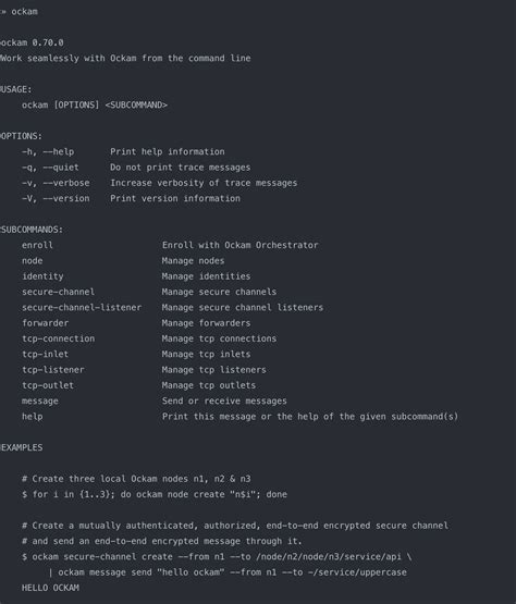 add syntax highlighting to examples in `ockam` command help · issue