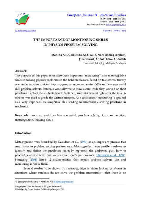 Pdf The Importance Of Monitoring Skills In Physics Problem Solving