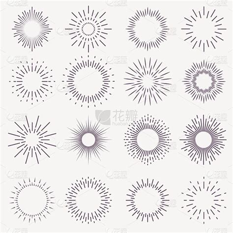 复古的阳光。爆裂的光线日出的烟火星爆爆炸爆炸的日落星光射线辐射状火花手绘，向量集素材 花瓣网