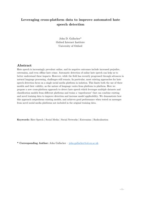 Pdf Leveraging Cross Platform Data To Improve Automated Hate Speech Detection