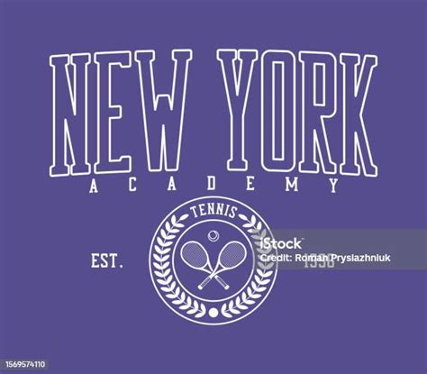뉴욕 테니스 아카데미 티셔츠 디자인 대학 스타일의 티셔츠와 의류 프린트 테니스 라켓 테니스 공 월계관 벡터 고풍스런에 대한 스톡 벡터 아트 및 기타 이미지 Istock