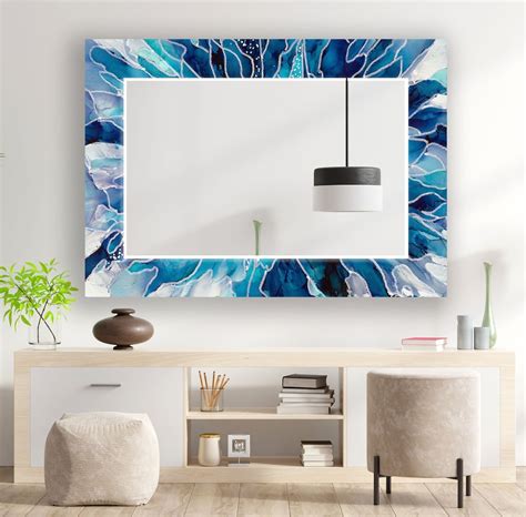Blue Abstract Wall Mirror Modern Tempered Glass Decorative Frame Etsy