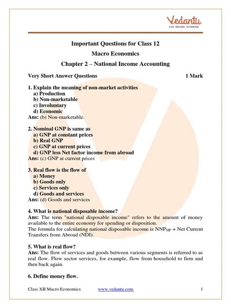 Important Questions For Cbse Class 12 Macro Economics Chapter 2 Pdf Pdf Measures Of National