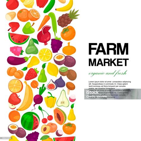 과일과 야채 배너 벡터 일러스트레이션과 농장 시장 유기농 신선하고 천연 식품 바나나 수박 자두 파인애플 레몬 건강한 식습관 0명에 대한 스톡 벡터 아트 및 기타 이미지