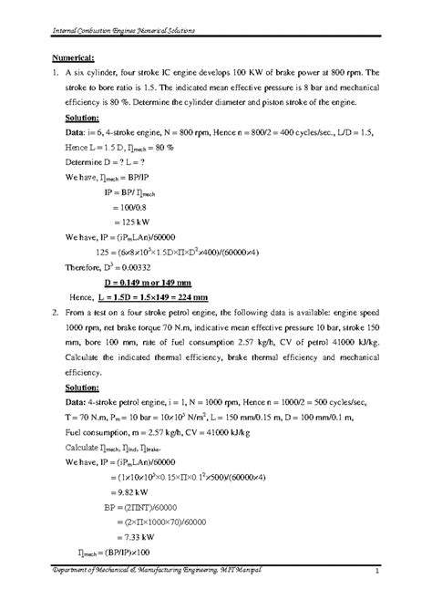 Ic Engines Numerical These Are Practice Questions For Applications Of