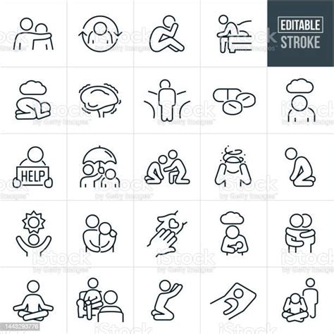 정신 건강 얇은 선 아이콘 편집 가능한 스트로크 아이콘에는 정신 질환 우울증 불안 양극성 정신 장애 사람 십대 성인 슬픔 정신 분열증 희망 도움말이 포함됩니다 아이콘에 대한