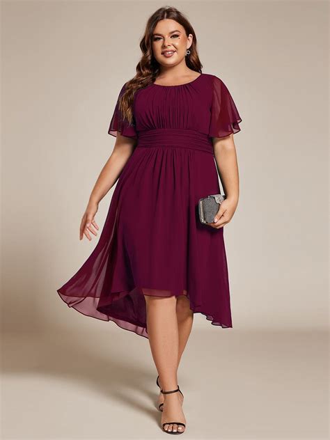 Plus Size Short Sleeves Chiffon A Line Knee Length Wedding Guest Dress
