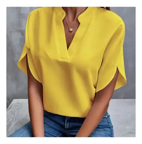 Camisa Con Cuello En V De Color Liso Para Mujer Meses Sin Interés