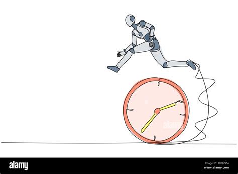 Single Continuous Line Drawing Robot Jumping Over Clock Time