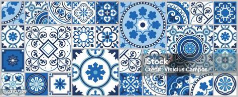 지중해 타일 추상적인 기하학적 꽃무늬 타일 파란색과 흰색의 전통 포르투갈 문화 편집 가능한 벡터 그림입니다 0명에 대한 스톡 벡터 아트 및 기타 이미지 Istock