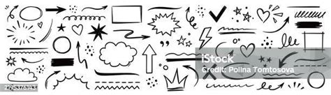 선 손으로 그린 마커 화살표 하트 텍스트 하이라이트 브러시 모양 요소 세트입니다 손으로 그린 스케치 마커 밑줄 모양 화살표 별 낙서 브러시 펜 스트로크 요소 벡터 0명에