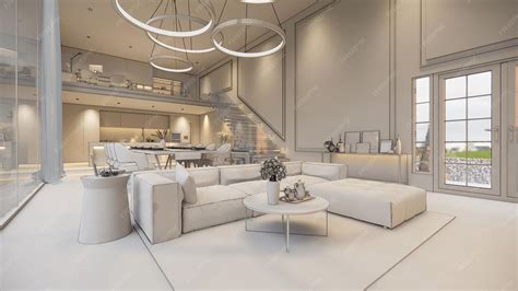 3d 렌더링 인테리어 하우스 현대적인 개방형 거실 공간과 주방럭셔리 모던 스타일 듀플렉스 아파트 레지던스홈 데코레이션 럭셔리 인테리어 디자인 프리미엄 사진