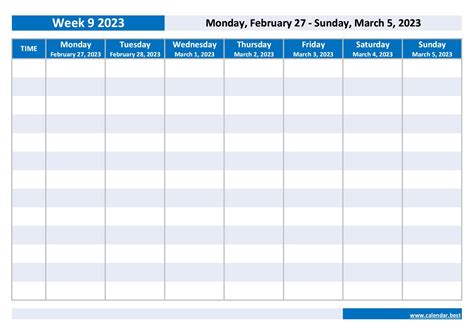 Week 9 2023 Dates Calendar And Weekly Schedule To Print