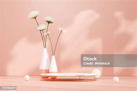 제품 배경에 대 한 일반적인 데이지 꽃 빈 공간 연단 디스플레이의 3d 렌더링 그림 0명에 대한 스톡 사진 및 기타 이미지 0명 3차원 형태 강단 Istock