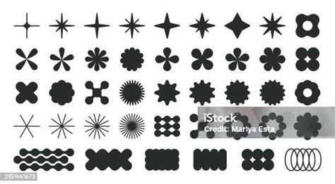 추상적인 브루탈리즘 형태 기하학적 현대 Y2k 인물 Bauhaus 그래픽 요소 별 원 와 꽃 모양 평면 벡터 일러스트 레이 션 Set 현대적인 디자인 모양 컬렉션 0명에