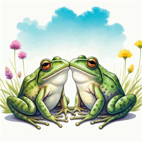 Two Frogs Kissing In Meadow Two Green Frogs Share A Tender Kiss Amidst