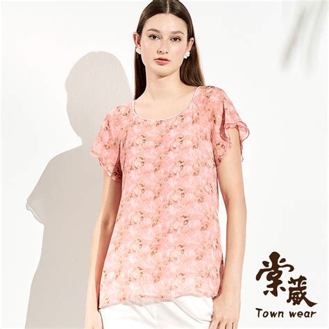 【townwear棠葳】優雅飄逸花卉雪紡上衣中大尺碼女上衣女上著透膚清涼印花拼接 短袖 Yahoo奇摩購物中心