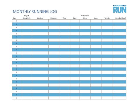 monthly running log template track your runs and pedometer stats