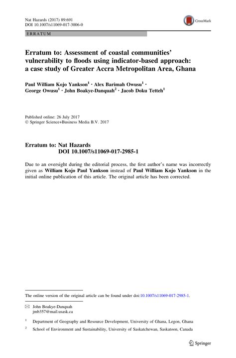 Pdf Assessment Of Coastal Communities Vulnerability To Floods Using Indicator Based Approach