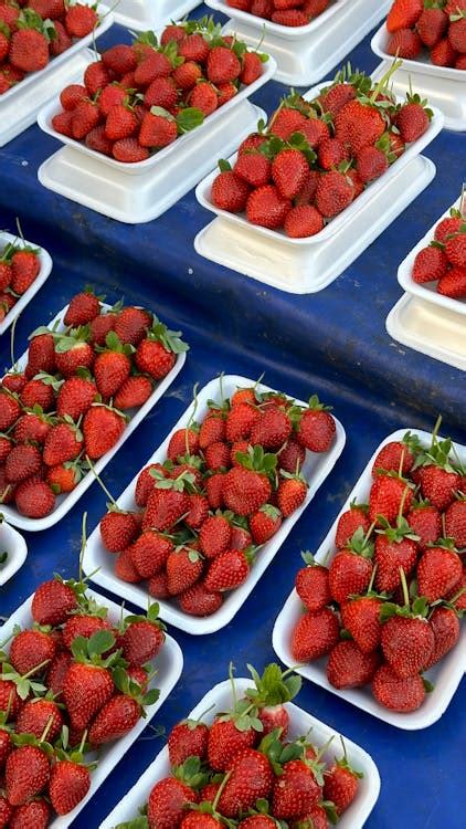 야외 시장 진열대의 신선한 딸기 · 무료 스톡 사진