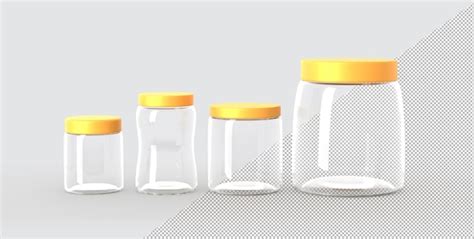 회색 배경에 격리된 금색 뚜껑이 있는 빈 유리 또는 플라스틱 병 모양 프리미엄 Psd 파일