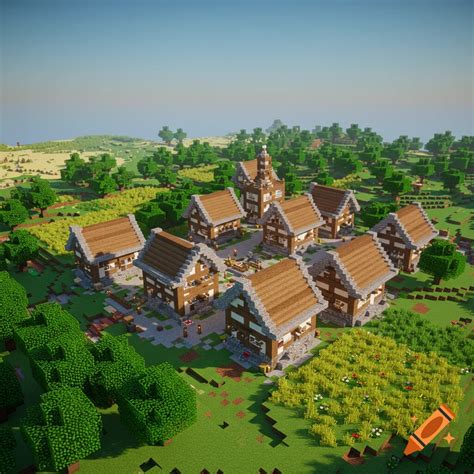 Realistic Rendering Of A Minecraft Village Scene With Two Wooden Houses
