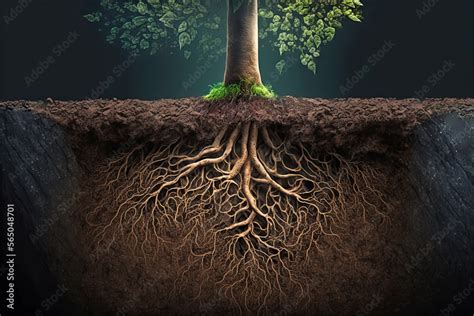Root System Of A Tree Growing Underground Soil Section Concept Generative AI Illustration