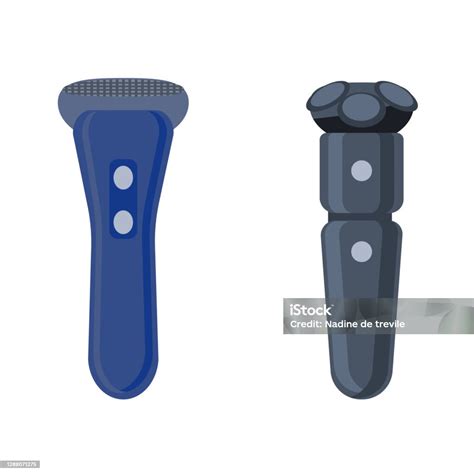 만화 스타일로 그려진 면도기 세트 전기 및 스트레이트 남성 면도기 흰색 배경에 격리 된 면도 액세서리 플랫 스타일로 벡터 그림 아이콘 컬렉션입니다 전기 면도기에 대한 스톡